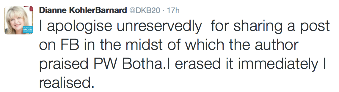 Storm over DA Member Barnard's #PW Botha Post Continues - SA People